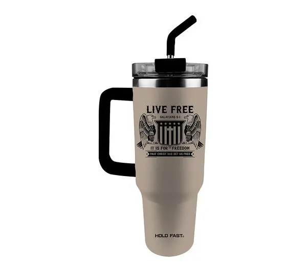 HOLD FAST 40 Oz Stainless Steel Mug With Straw Live Free - Silver