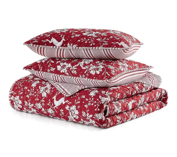 MARTHA STEWART Dancing Deer Red Reversible Quee N Quilt Set