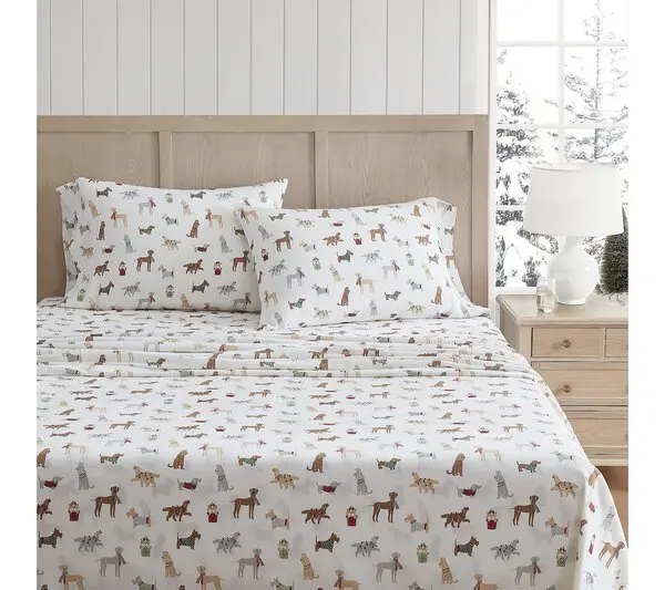 MARTHA STEWART Holiday Pups Flannel Full Sheet Set