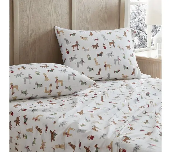 MARTHA STEWART Holiday Pups Flannel Full Sheet Set