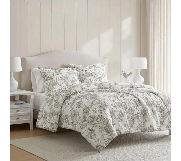 MARTHA STEWART Avery Floral Grey Cotton Queen C Omforter Set - One-color