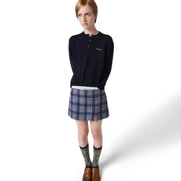 Miu Miu Cashmere Crew Neck Sweater With Button Detailing - Navy