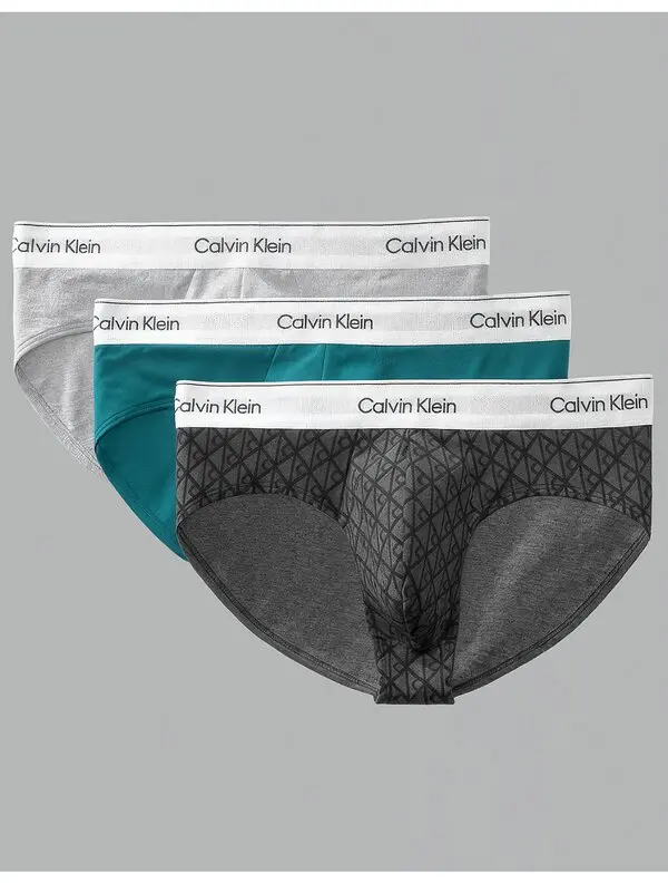 Calvin Klein Icon Cotton Stretch 3-pack Brief - Sleet/seamless Emblem Black/ashford Gray/teal Marine