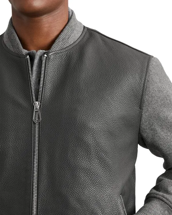 REISS Leather Wool-blend Sleeve Varsity Jacket