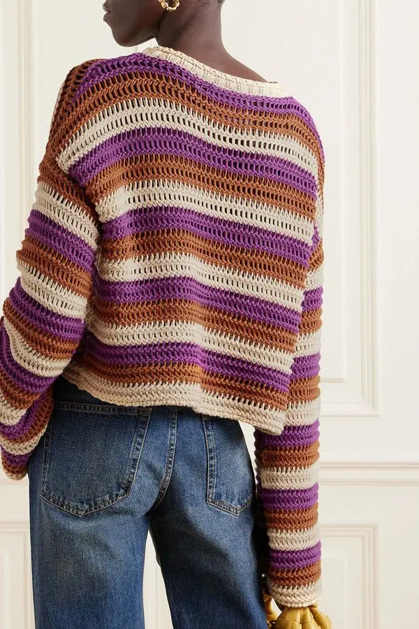 La DoubleJ Cropped Striped Crocheted Cotton-blend Sweater
