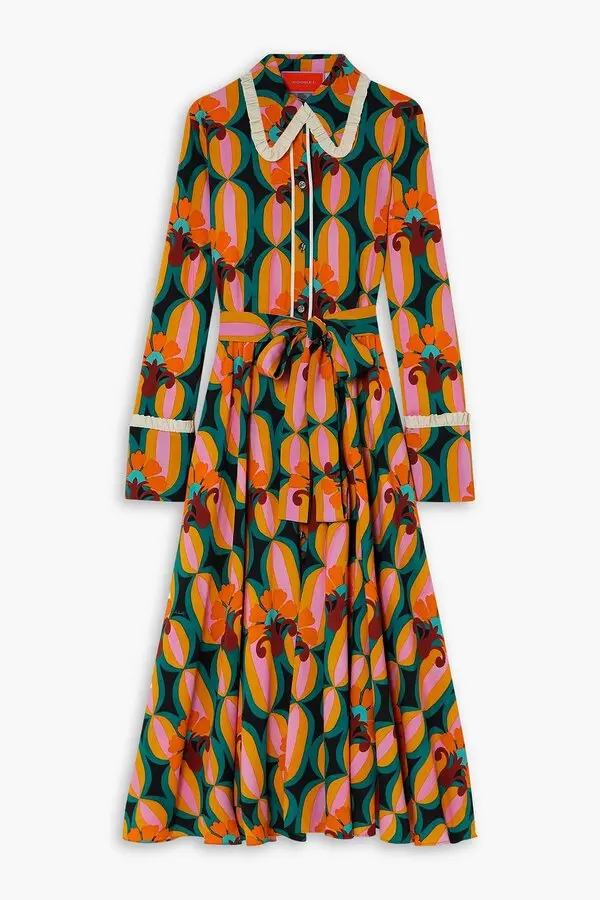 La DoubleJ Belted Printed Maxi Shirt Dress - Orange