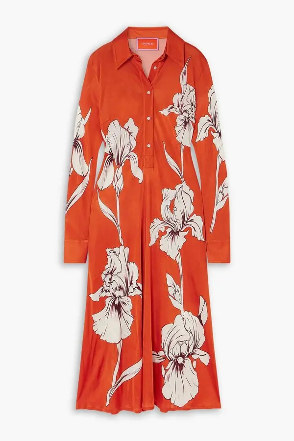 La DoubleJ Floral-print Jersey Midi Shirt Dress - Brick