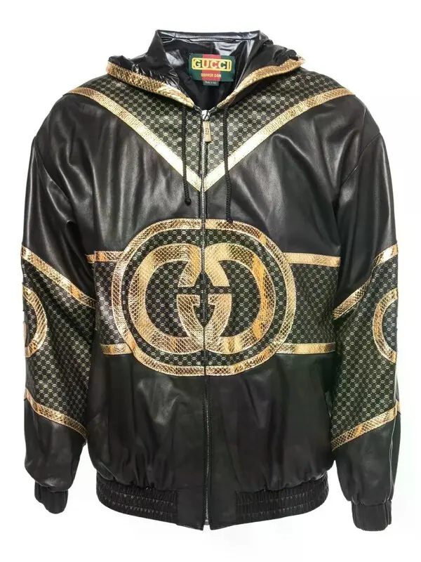 Gucci Snakeskin-print Gold Detail Leather Hooded Jacket