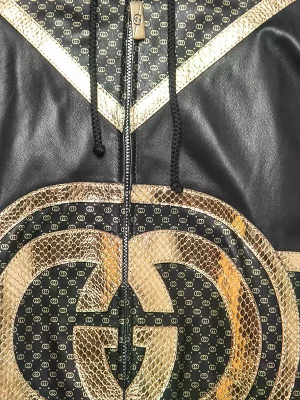 Gucci Snakeskin-print Gold Detail Leather Hooded Jacket