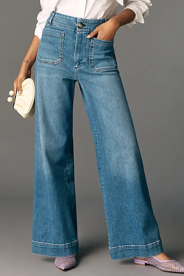 Maeve Colette Embroidered High-rise Wide-leg Full-length Jeans - Medium Denim