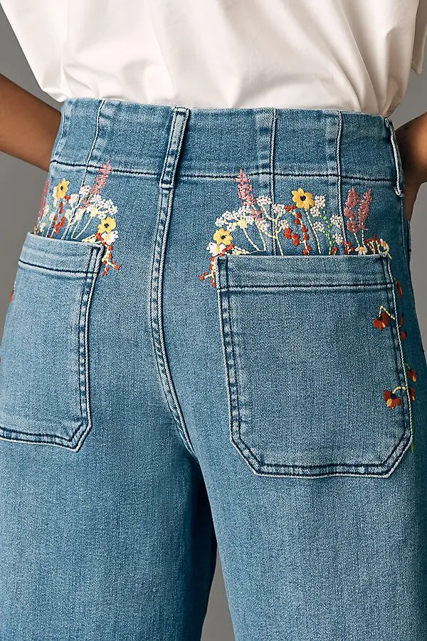 Maeve Colette Embroidered High-rise Wide-leg Full-length Jeans - Medium Denim