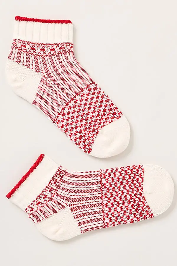 BOMBAS Checkered Quarter Socks - Red/ivory