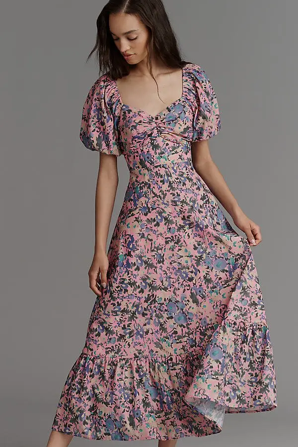 English Factory Puff-sleeve Printed Midi Dress