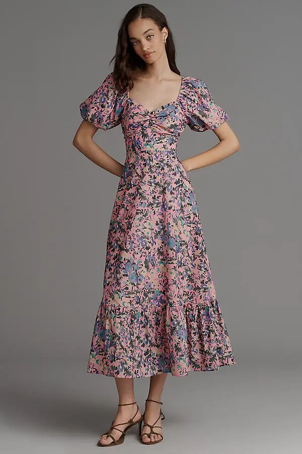 English Factory Puff-Sleeve Printed Midi Dress - Multi
