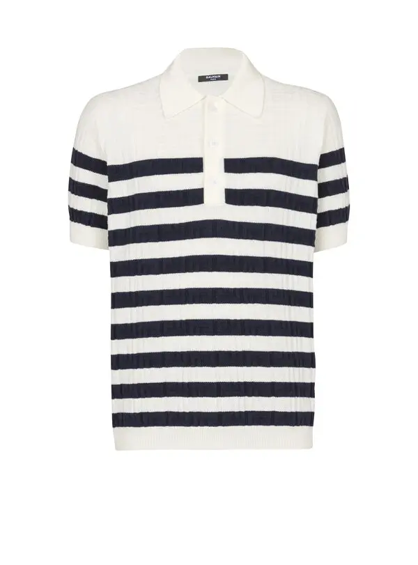 Balmain Striped Knit Polo Shirt With Monogram
