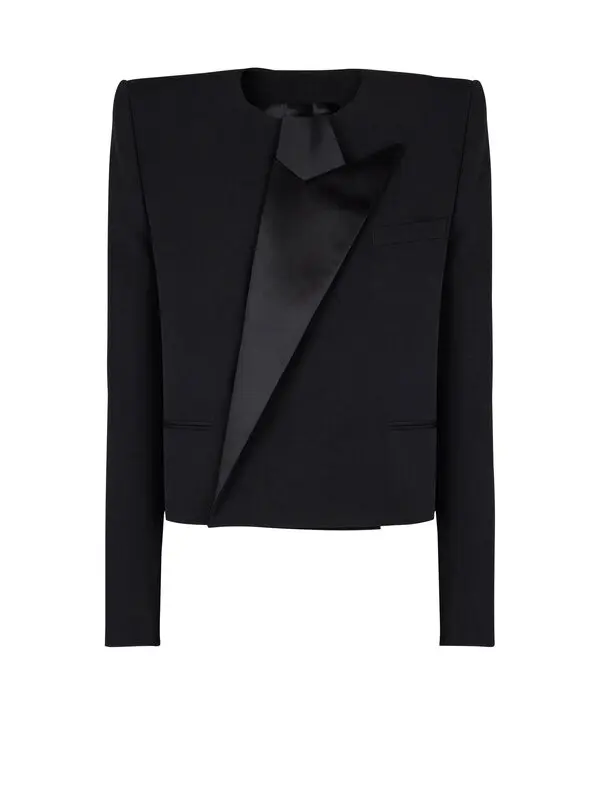 Balmain Cropped Grain De Poudre Jacket With Asymmetrical Collar