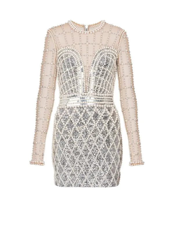 Balmain Short Embellished Tulle Dress - Silver