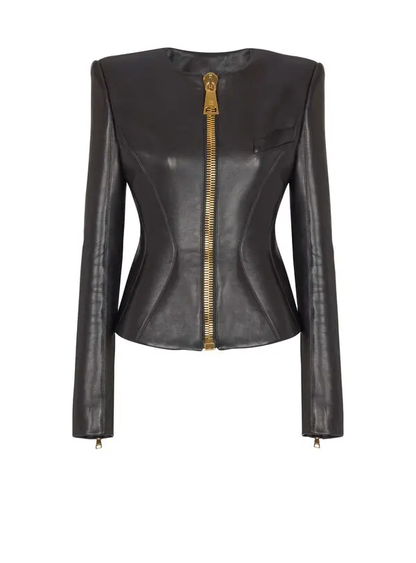 Balmain Cropped Peplum Lambskin Jacket - Black