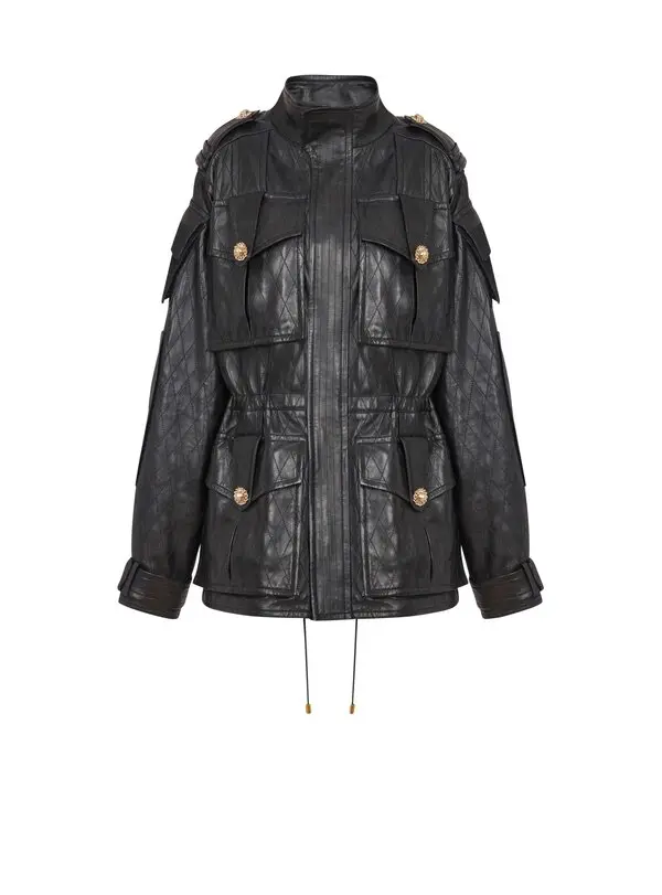 Balmain Lambskin Leather Parka With Diamond Pattern