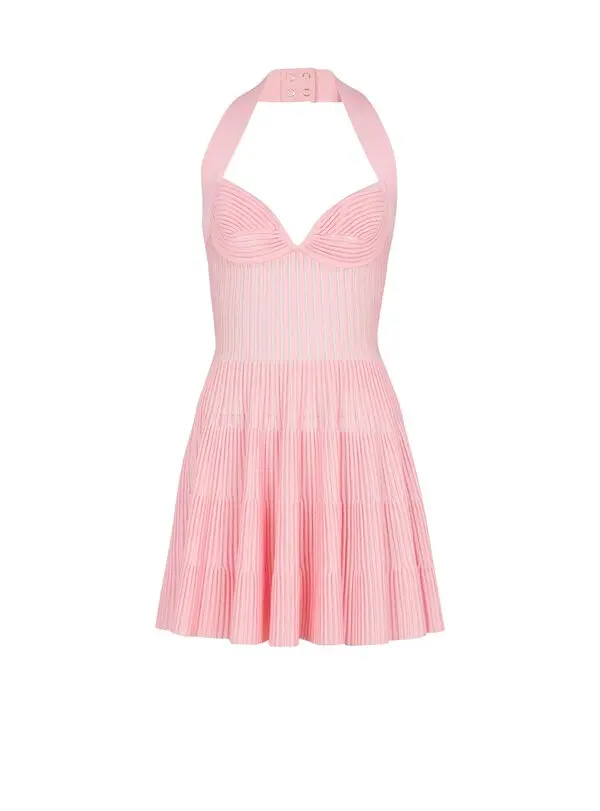 Balmain Textured Knit Halterneck A-line Dress - Pink