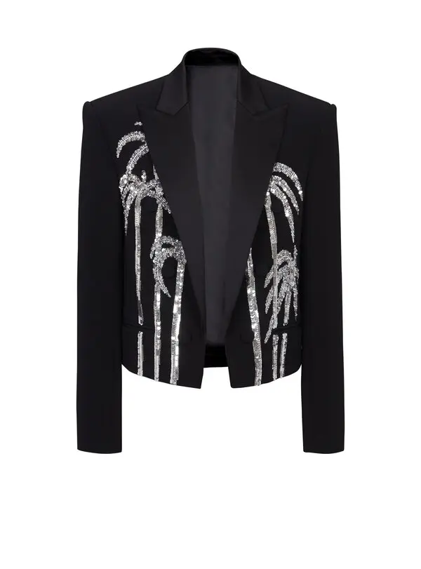 Balmain Cropped Crepe Jacket With Palm Tree Embroidery