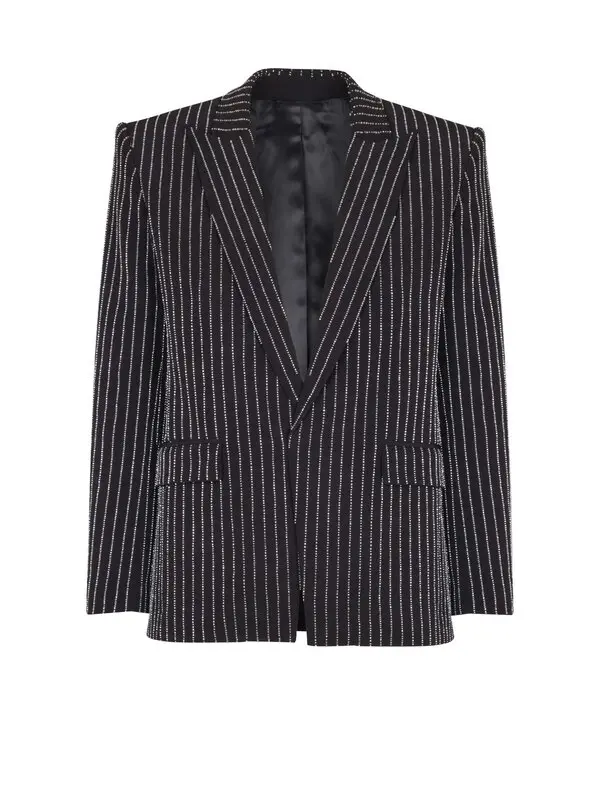 Balmain Wool Jacket With Crystal Stripes - Black