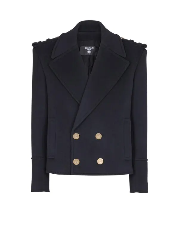 Balmain Cropped Wool Reefer Jacket - Navy