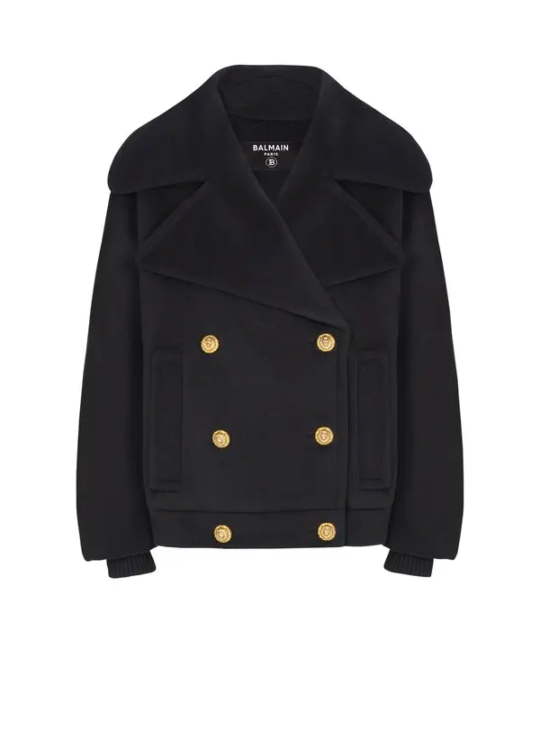 Balmain Wool Pea Coat With Lion Head Buttons - Black