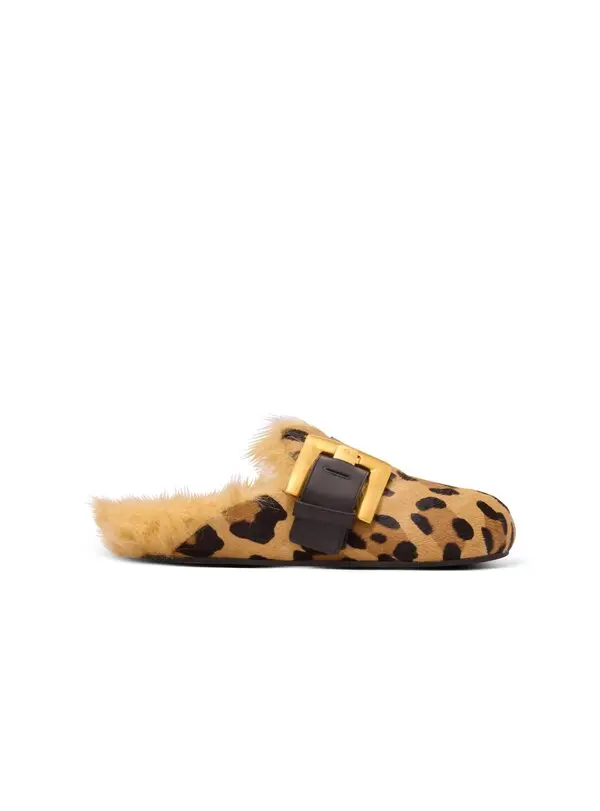 Balmain Leopard Print Ponyskin Mules - Brown