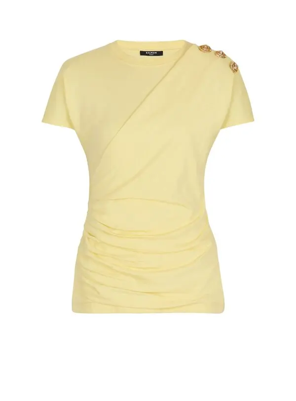 Balmain Draped T-shirt With Lion Head Buttons - Yellow