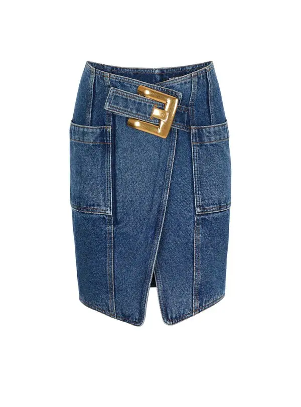 Balmain Mini Denim Skirt With Buckle Belt - Blue