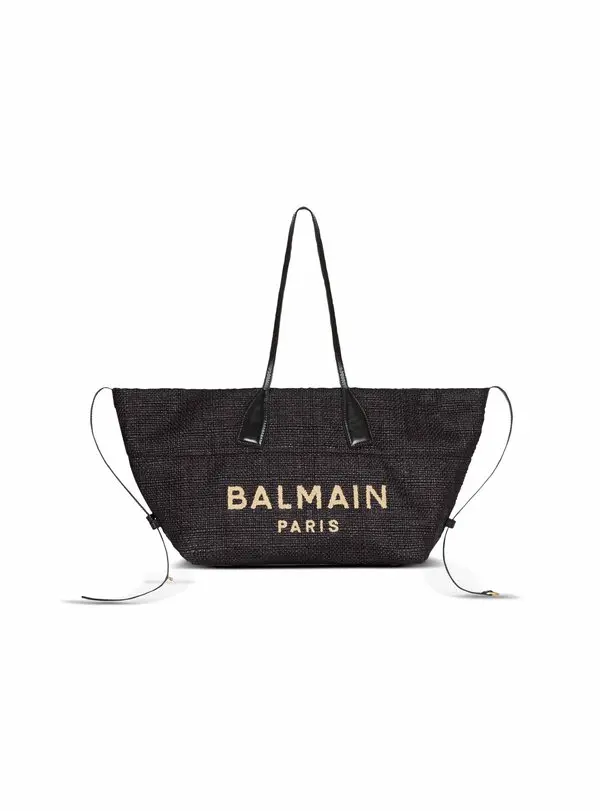 Balmain Track Tote Bag In Raffia And Calfskin - Black