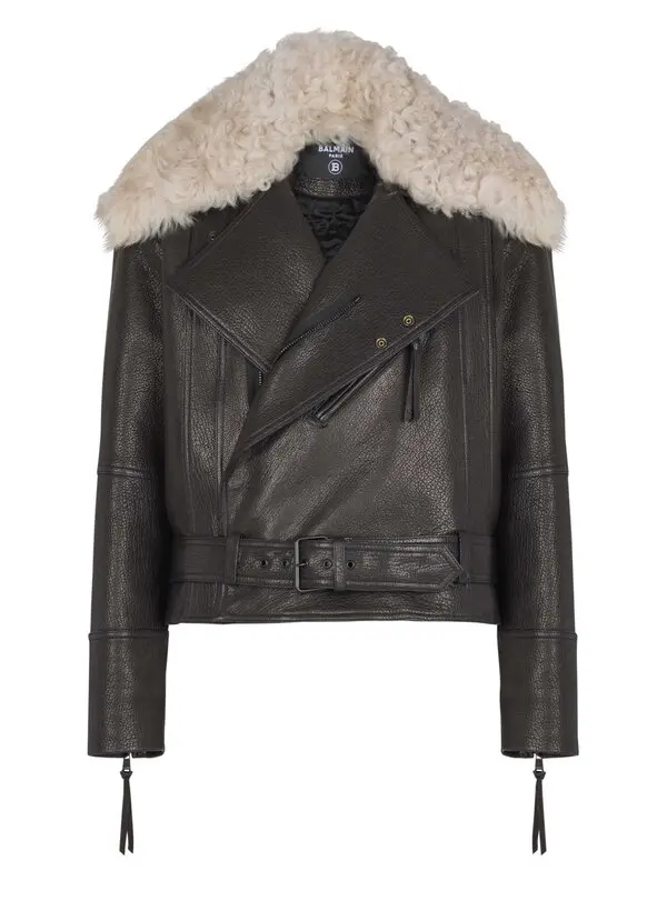 Balmain Leather Biker Jacket With Shearling Collar
