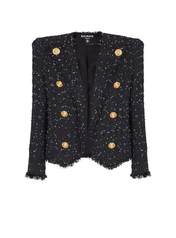 Balmain Cropped 8-button Polka-dot Tweed Jacket