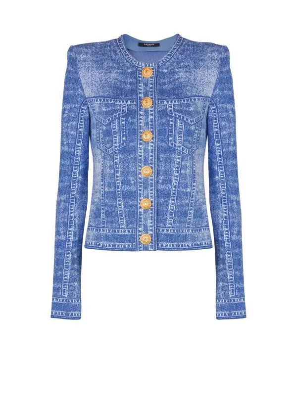 Balmain Jacquard Knit Cardigan With Denim Effect