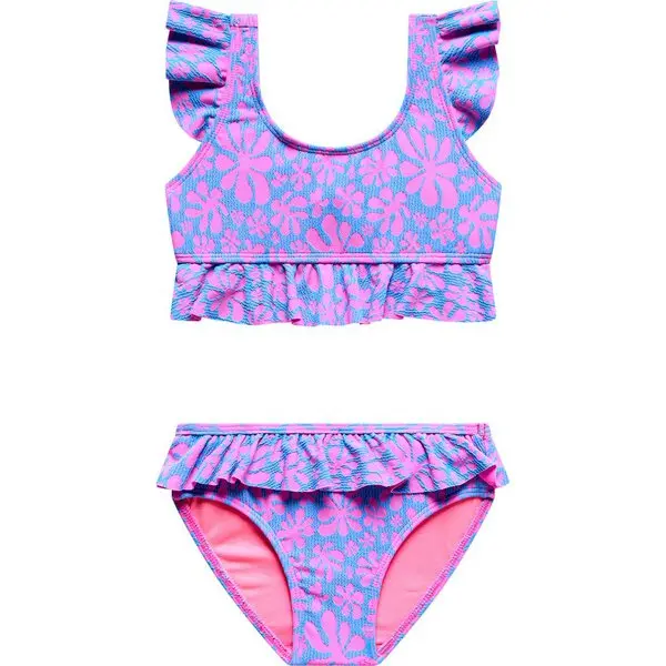 BEACH LINGO Floral Jacquard Ruffle Two-piece Swimsuit - Blue/pink Multi