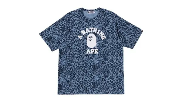 A BATHING APE Wild Leopard Pattern College Relaxed Fit Tee Shirt - Navy Blue