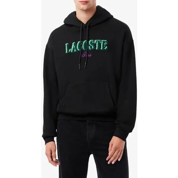 Lacoste Loose Fit Cotton French Terry Hoodie With Fuzzy Logo - Black