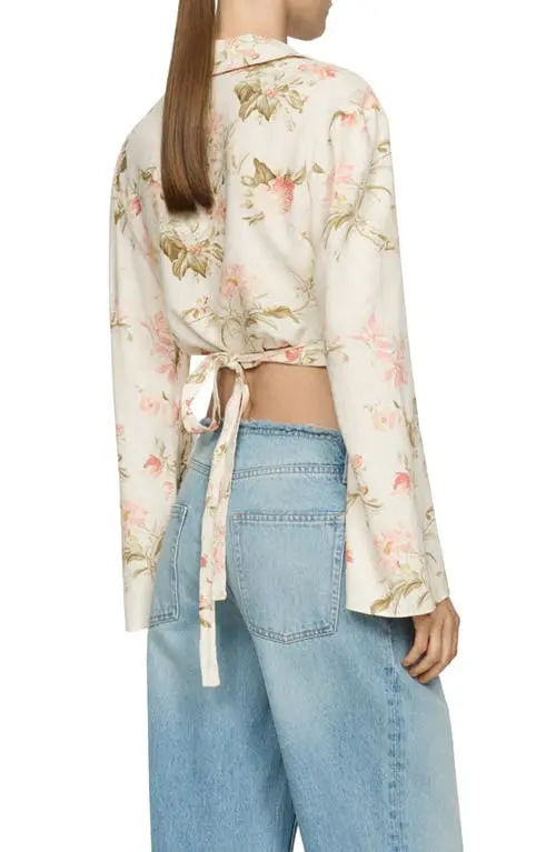 Mango Floral Linen Blend Wrap Top