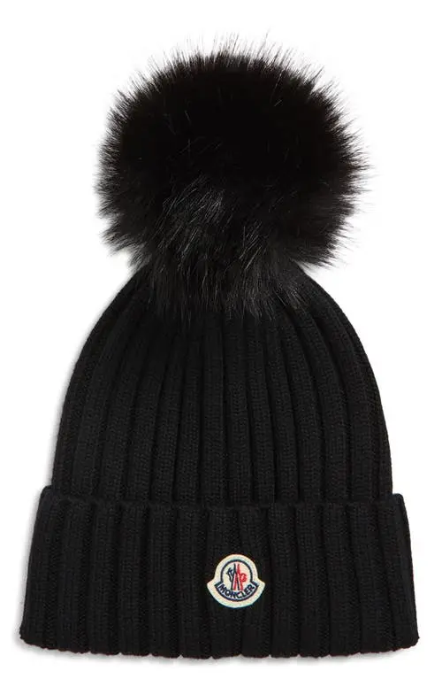 Moncler Wool Ribbed Beanie With Faux Fur Pompom - Black