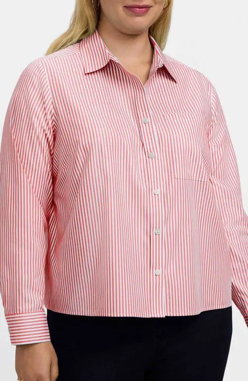 Foxcroft Jodie Stripe Cotton Button-up Blouse - Coral Reef Red/white