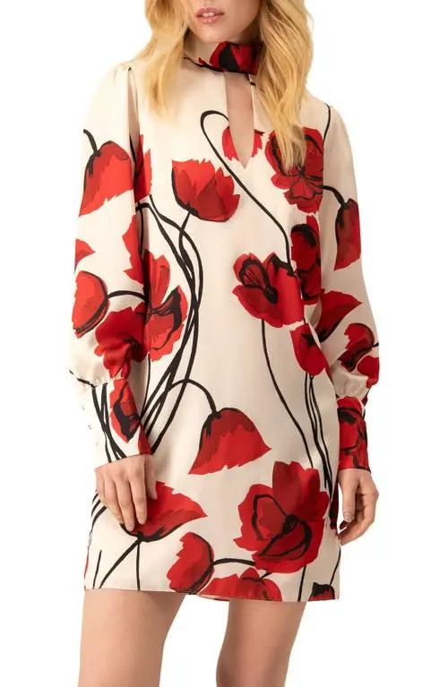 IVONNE Floral Print Mini Dress With Tie Neck - Ivory-red