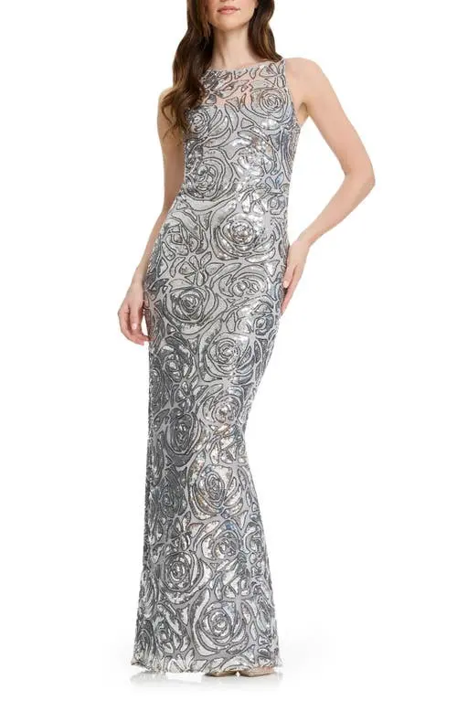 Dress The Population Laney Sequin Illusion Neck Column Gown