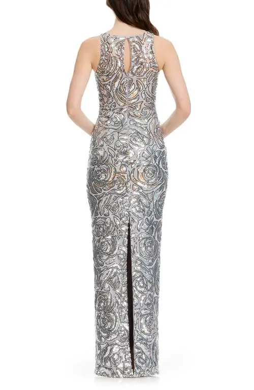 Dress The Population Laney Sequin Illusion Neck Column Gown
