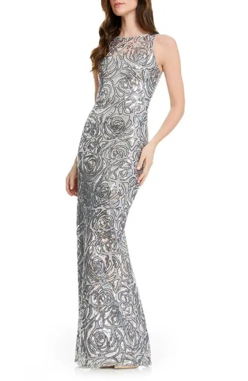 Dress The Population Laney Sequin Illusion Neck Column Gown