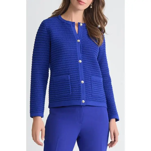 KASPER Pointelle Stitch Button-up Cardigan - Royal Signature