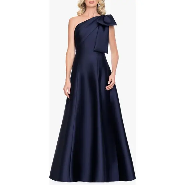 Betsy & Adam Bow Detail One-shoulder Mikado Gown - Navy