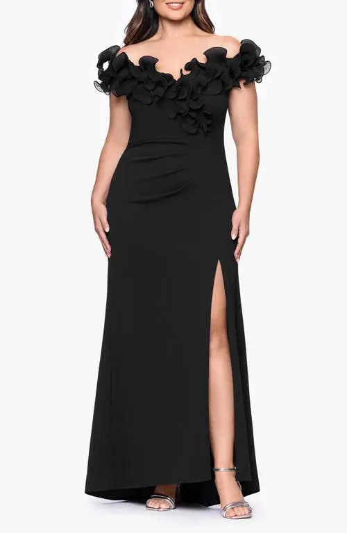 XSCAPE EVENINGS Ruffle Scuba Knit Sheath Gown - Black