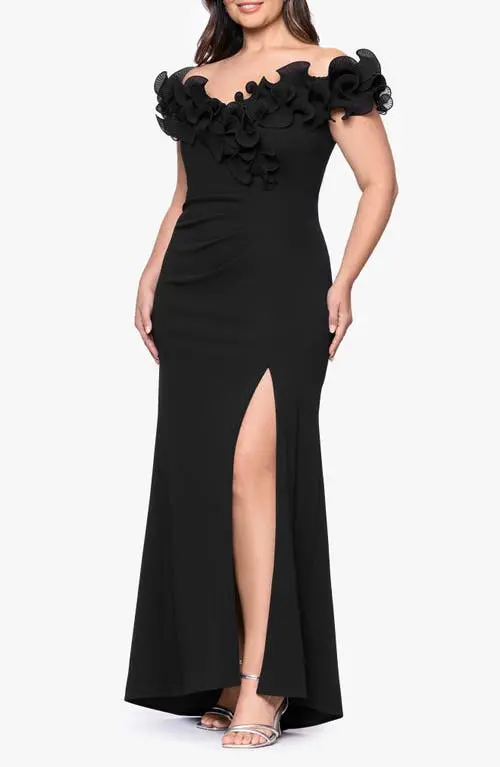 XSCAPE EVENINGS Ruffle Scuba Knit Sheath Gown
