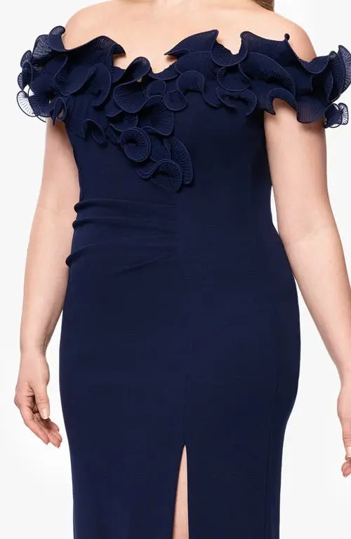 XSCAPE EVENINGS Ruffle Scuba Knit Sheath Gown - Navy